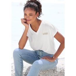 ELBSAND V-Shirt 'Pajuk' wei&szlig; Gr. S (36) f&uuml;r Damen. V-Ausschnitt und Logodruck. Figurumspielend. Nachhaltig.