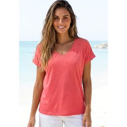 BEACHTIME BY LASCANA V-Shirt 'mit fixiertem &Auml;rmelumschlag' orange Gr. 40/42 f&uuml;r Damen. Mit V-Ausschnitt. Bequem. Nachhaltig.