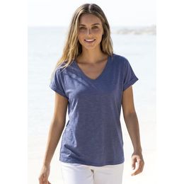 BEACHTIME BY LASCANA V-Shirt 'mit fixiertem &Auml;rmelumschlag' indigo Gr. 32/34 f&uuml;r Damen. Mit V-Ausschnitt. Bequem. Nachhaltig.