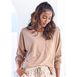 Lascana Pyjamaoberteil nougat Gr. 40/42 f&uuml;r Damen. Mit Rundhals. Oversize