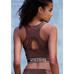 active by Lascana LASCANA ACTIVE Crop-Top braun Gr. XS (32/34) f&uuml;r Damen. Tiefer Rundhals und Schriftzug. Figurbetont