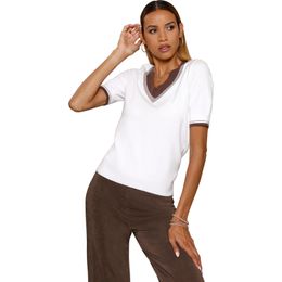 CR&Eacute;ATION L Damen V-Ausschnitt-Pullover in Feinstrick-Qualit&auml;t ecru-schoko Gr&ouml;&szlig;e 38