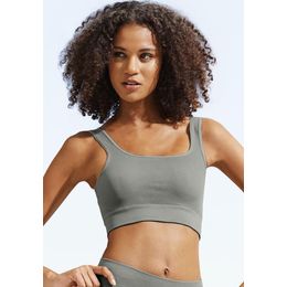Lascana Crop-Top gr&uuml;n Gr. XS (32/34) f&uuml;r Damen. Rundhals und Logostickerei. Figurbetont