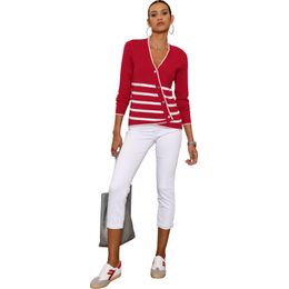 CR&Eacute;ATION L Damen Feinstrickjacke mit asymmetrischer Knopfleiste rot-wei&szlig;-geringelt Gr&ouml;&szlig;e 50