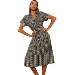 CR&Eacute;ATION L Damen Webkleid mit Brust-Pattentaschen schwarz-sand-bedruckt Gr&ouml;&szlig;e 44