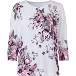 CR&Eacute;ATION L Damen Rundhalspullover mit Glitzersteinchen-Verzierung ecru-orchidee-bedruckt Gr&ouml;&szlig;e 40