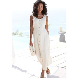 Lascana Maxikleid 'mit breiten Tr&auml;gern aus Webware mit Leinenanteil' beige Gr. 40 f&uuml;r Damen. Rundhals und Zierkn&ouml;pfe. Figurumspielend