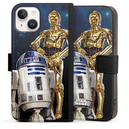 DeinDesign iPhone 14 Handy Klapph&uuml;lle Handyh&uuml;lle aus Kunst Leder schwarz Flip Case Weltall Star Wars R2d2 Sideflip mit Lasche