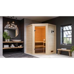 Karibu Sauna &raquo;"Anni" mit bronzierter T&uuml;r SET, naturbelassen, mit Ofen 9 kW&laquo; aus hochwertiger nordischer Fichte beige Bio-Kombiofen, externe Steuerung, 400 kW