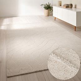 LeGer Home by Lena Gercke Wollteppich &raquo;Zarrah, mit Wellendesign, Linienmuster&laquo; rechteckig 14 mm H&ouml;he reine Wolle, modern, Scandi, Wohnzimmer, 