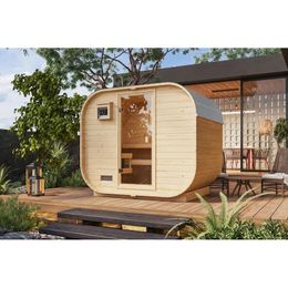 Karibu Fasssauna &raquo;"Quadro 1 Plus" naturbelassen&laquo; aus hochwertiger nordischer Fichte beige ohne Ofen, ohne Steuerung, (ohne Ofen)