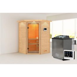 Karibu Sauna &raquo;"Anni" mit bronzierter T&uuml;r und Kranz SET, naturbelassen, mit Ofen 9 kW&laquo; aus hochwertiger nordischer Fichte braun Bio-Kombiofen, externe 