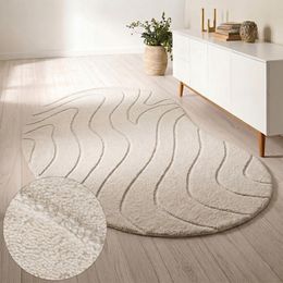 LeGer Home by Lena Gercke Wollteppich &raquo;Zarrah, mit Wellendesign, besondere Form, organisch&laquo; oval 14 mm H&ouml;he reine Wolle, modern, Scandi, Schlafzimmer,