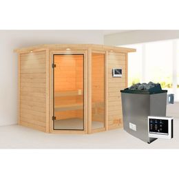Karibu Sauna &raquo;"Tally" mit bronzierter T&uuml;r und Kranz, naturbelassen&laquo; aus hochwertiger nordischer Fichte braun Saunaofen, externe Steuerung, 400 kW