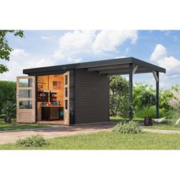 Karibu Gartenhaus &raquo;Jupiterino 3 SET, in verschiedenen Farben&laquo; inkl. Anbaudach braun Massivholz ohne Fu&szlig;boden, Blechdach