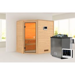 Karibu Sauna &raquo;"Juli" mit bronzierter T&uuml;r SET, naturbelassen mit Ofen 9 kW&laquo; aus hochwertiger nordischer Fichte braun Bio-Kombiofen, externe Steuerung, 400 kW