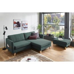 ATLANTIC HOME COLLECTION Ecksofa &raquo;Mailo L-Form, B:204cm, f&uuml;r kleine R&auml;ume&laquo; mit Seitentaschen, Recamiere beidseitig montierbar, Massivholzf&uuml;&szlig;e gr&uuml;n B/H