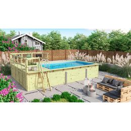 Karibu Rechteckpool &raquo;Roma A BxLxH: 582x353x124cm, mit Sonnendeck&laquo; 44 mm kesseldruckimpr&auml;gniertes Fichtenholz beige &Oslash;/B/H/L: Breite 582cm x H&ouml;he 124cm x L&auml;nge