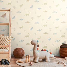 Livingwalls living walls Vliestapete &raquo;Kids Studio Dinosaurier &ndash; Vliestapete f&uuml;r Kinder&laquo; Motiv grafisch naturalistisch glatt Freundliche Dinosaurier und Palmen im 
