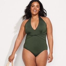 LANDS' END Figurformender Neckholder-Badeanzug, hoher Beinausschnitt f&uuml;r Damen in Plus-Gr&ouml;&szlig;e, Damen, size: plus, Gr&uuml;n, Elasthan/Nylon-Mischung, by Lands' End
