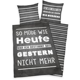Herding's Young Collection Jugendbettw&auml;sche &raquo;M&uuml;de&laquo; 2 Stk. mit Spruch grau Renforc&eacute;, Obermaterial: 100% Baumwolle B/L: 135cm x 200cm, 1 Stk., 1 Stk., Renforc&eacute;, B/L: 80cm x 80cm, 