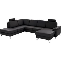 Die PlanBar Wohnlandschaft &raquo;PN-EM15047 U-Form, mit Kopfst&uuml;tzen&laquo; Echtleder, wahlweise mit Schlaffunktion u. Stauraum schwarz B/H/T: 309cm x 104cm x 