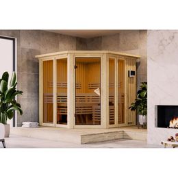Karibu Sauna &raquo;"Airia" mit Kranz, naturbelassen&laquo; aus hochwertiger nordischer Fichte Bio-Kombiofen, externe Steuerung, 400 kW
