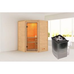 Karibu Sauna &raquo;"Anni" mit bronzierter T&uuml;r SET, naturbelassen, mit Ofen 9 kW&laquo; aus hochwertiger nordischer Fichte braun Saunaofen, integrierte Steuerung, 400 kW