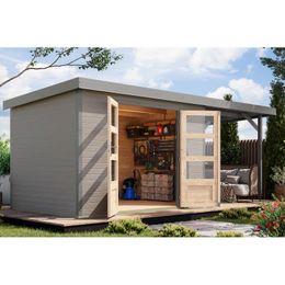 Karibu Gartenhaus &raquo;Jupiterino 4 SET, in verschiedenen Farben&laquo; inkl. Anbaudach beige Massivholz ohne Fu&szlig;boden, Blechdach