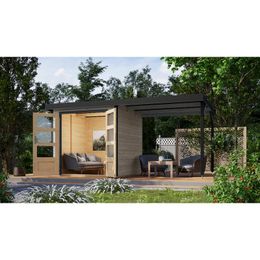 Karibu Gartenhaus &raquo;Jupiterino 2 SET, in verschiedenen Farben&laquo; inkl. Anbaudach, Made in Germany braun Massivholz ohne Fu&szlig;boden, Blechdach