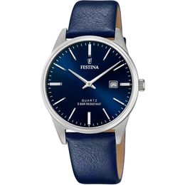 Festina Herren Quarzuhr Armbanduhr, Herrenuhr, Damenuhr, Lederarmband, Datum blau Einheitsgr&ouml;&szlig;e