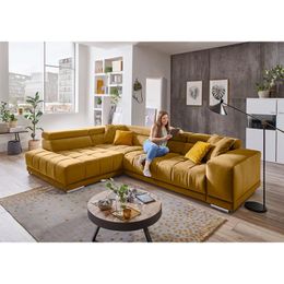 Die PlanBar Ecksofa &raquo;MP-IN15053 L-Form breiter Schenkel&laquo; wahlweise mit Kopfteilverstellung und manueller Vorziehbank gelb B/H/T: 323cm x 73cm x 222cm,