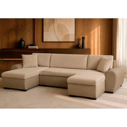 OTTO home Wohnlandschaft &raquo;KIVELLA Cord-Struktur, U-Form, 307 cm&laquo; Schlaffunktion(128/257), Bettkasten, Cord-Struktur-Mix B/H/T: 307cm x 76cm x 51cm, 