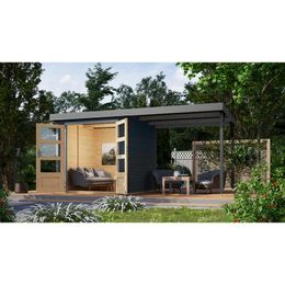 Karibu Gartenhaus &raquo;Jupiterino 2 SET, in verschiedenen Farben&laquo; inkl. Anbaudach, Made in Germany schwarz Massivholz ohne Fu&szlig;boden, Blechdach