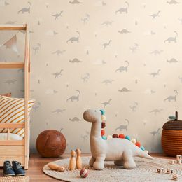Livingwalls living walls Vliestapete &raquo;Kids Studio Dinosaurier &ndash; Vliestapete f&uuml;r Kinder&laquo; Motiv grafisch naturalistisch glatt Freundliche Dinosaurier und Palmen im 