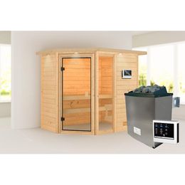 Karibu Sauna &raquo;"Josie" mit bronzierter T&uuml;r und Kranz, naturbelassen&laquo; aus hochwertiger nordischer Fichte beige Saunaofen, externe Steuerung, 400 kW