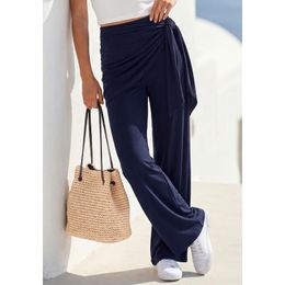 Lascana Damen Lascana Schlupfhose &raquo;mit weitem Bein und fixiertem Pareotuch&laquo; Strandhose mit Sarong, lange Jerseyhose mit weitem Bein, Stretchhose blau 