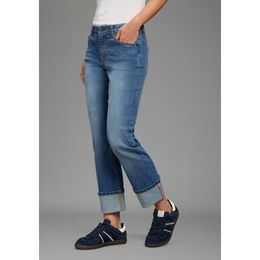 Arizona Damen Straight-Jeans &raquo;mit Turn-Up&laquo; gerader Straight-Fit, langer Schnitt, mit Knopf- und Rei&szlig;verschluss blau 38, N-Gr
