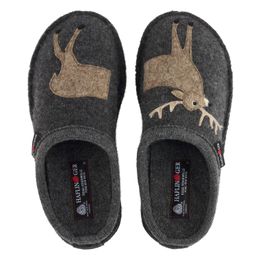 Haflinger Walk-Pantoffel mit Applikation Anthrazit/Beige Hirsch (Gr&ouml;&szlig;e: 42)