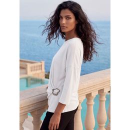 Lascana Damen Lascana Langarmshirt &raquo;mit elegantem Accessoires&laquo; Feinstrick aus weicher Viskosemischung wei&szlig; 40/42