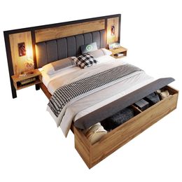 Komhtom Doppelbett, Wildeiche, Holz, Vintage, 160x200 cm, Schlafzimmer, Betten