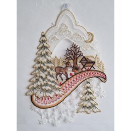 Fensterbild, wei&szlig;, Stickereien Plauen, Polyester, Fensterbilder, "Fensterbild Reh im Wald", echte Plauener Stickerei