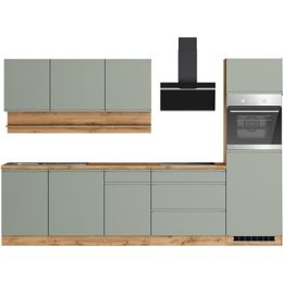 K&uuml;chenzeile KOCHSTATION, B:300cm H:200cm T:60cm, gr&uuml;n, Komplettk&uuml;chen-Sets, "KS-Virginia,neu in verbesserter Ausf&uuml;hrung", Breite 300 cm, Soft-Close,