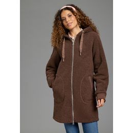 Kangaroos Damen Fleecejacketaupe, Gr. 36, unifarben, Fleece, Obermaterial: 100% Polyester, Jacken, Teddy Fleece lang mit Kapuze f&uuml;r den &Uuml;bergang