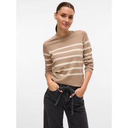 V&eacute;ro Moda VERO MODA Damen Rundhalspullover "VMSABA PLAIN LS O-NECK PULLOVER GA NOOS", beige, Gr. M, gestreift, Strick, Obermaterial: 50% Viskose, 28%