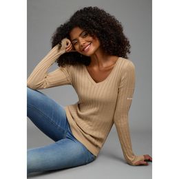 Kangaroos Damen Kangaroos V-Ausschnitt-Pullover h&uuml;ftlange Schnittform, mit Rippstrick, figurbetonte Passform beige 36/38