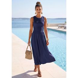 Lascana Damen Lascana Midikleid &raquo;mit gesmoktem Oberteil&laquo; Seitennahttaschen Leichtes Sommerkleid, Strandkleid, Viskosekleid blau 34, N-Gr