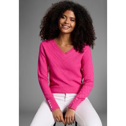 Laura Scott Damen V-Ausschnitt-Pullover kuscheliger Winterstrick mit Strukturstrick und Kn&ouml;pfen rosa 38