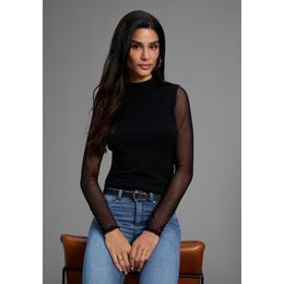 Laura Scott Damen Stehkragenpullover Feinstrickpullover in enger Passform mit Mesh schwarz 40