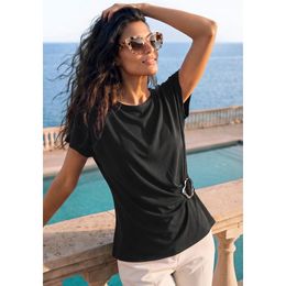 Lascana Damen Lascana Kurzarmshirt &raquo;mit elegantem Accessoires&laquo; Feinstrick aus weicher Viskosemischung schwarz 32/34